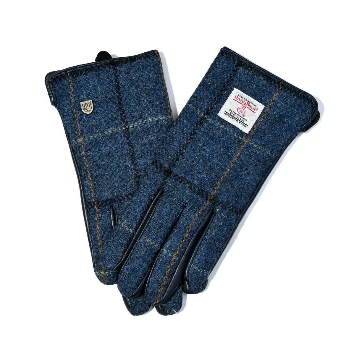 Navy Over Check Ladies Gloves with Harris Tweed