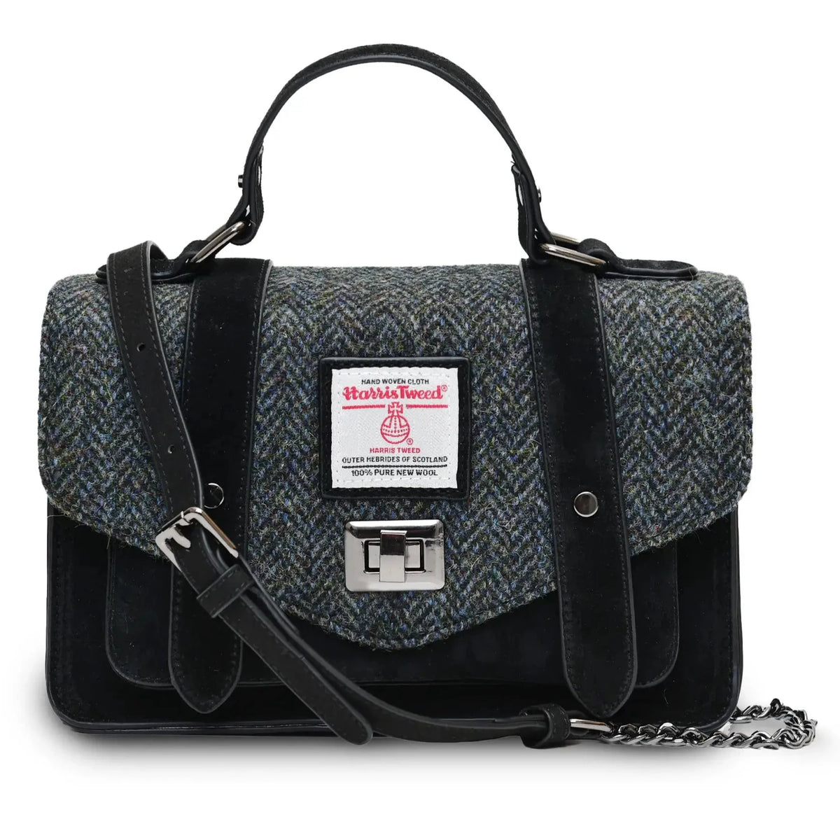 Ladies Black Herringbone Harris Tweed Suede Satchel | Contempo
